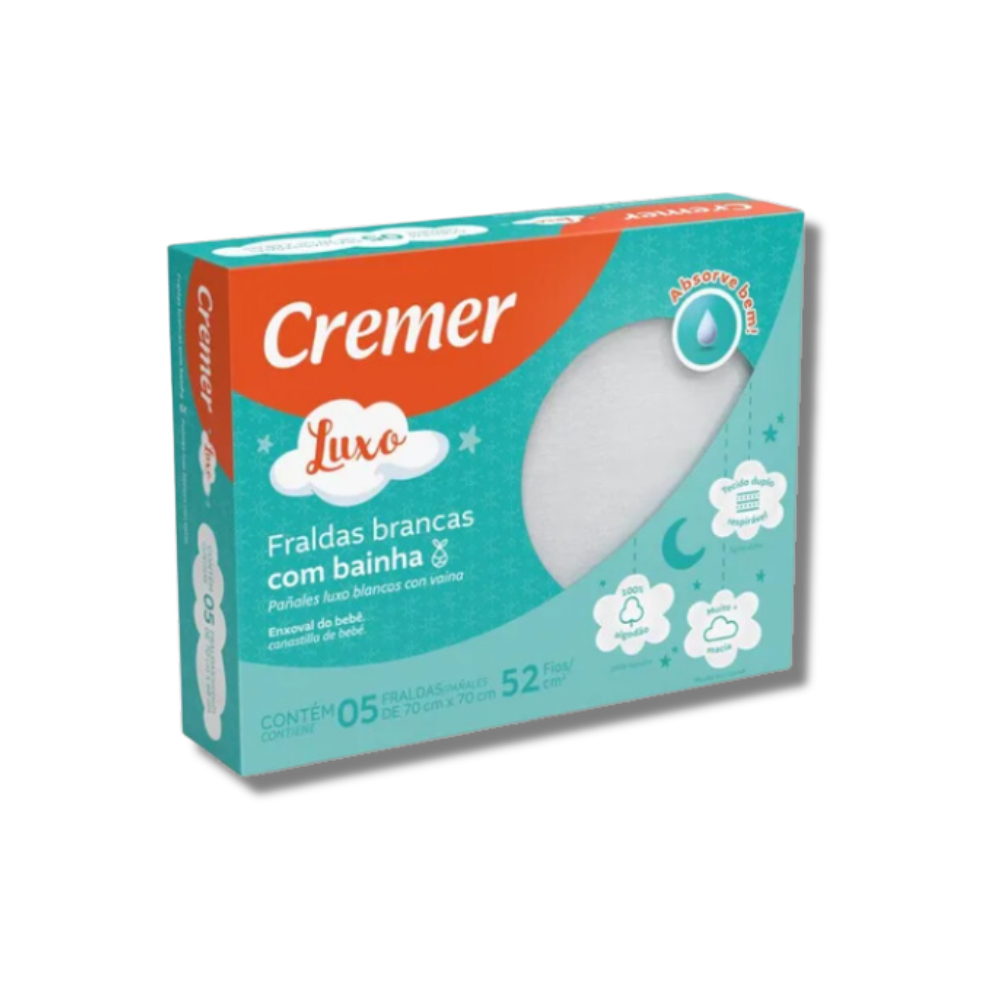 Fralda de Pano Luxo Branca com Bainha Cremer com 5 unidades - JN Fraldas
